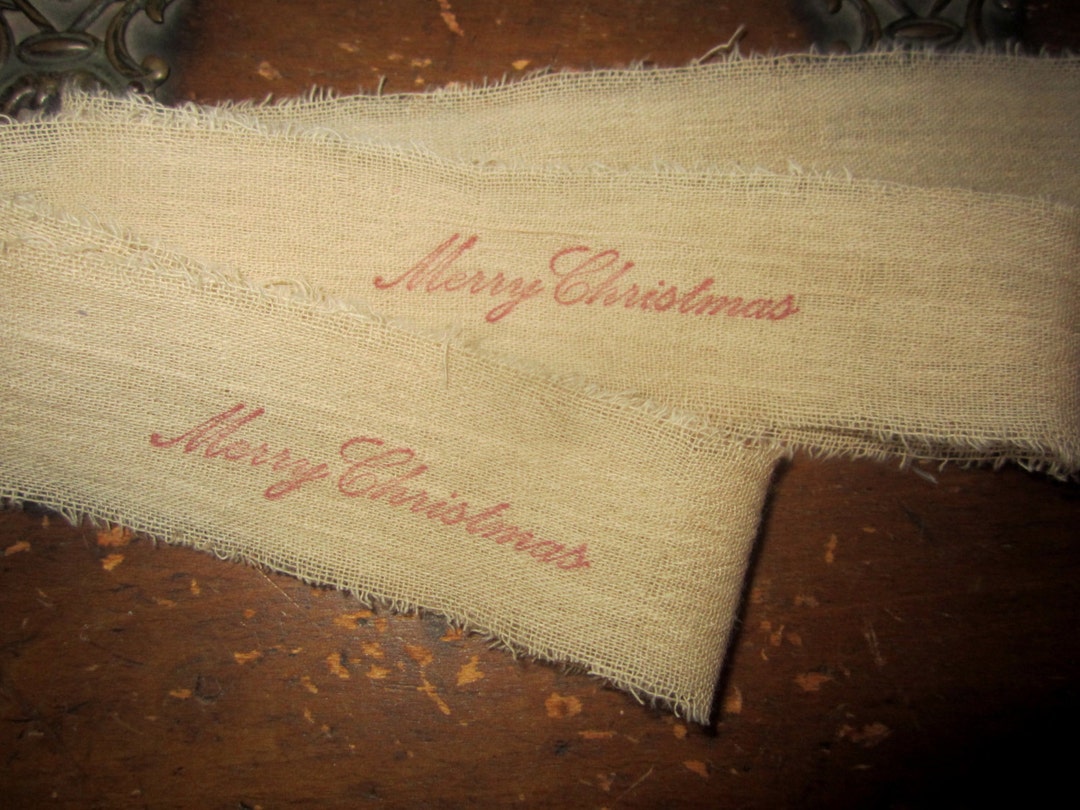 Hand Stamped Tattered ~ Merry Christmas ~ Fabric Ribbon Rustic Holiday ...