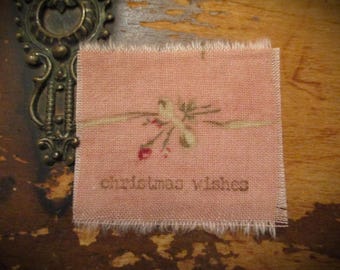 Hand Stamped Tattered Fabric Ribbon Patch Embellishment Pink Holly ...