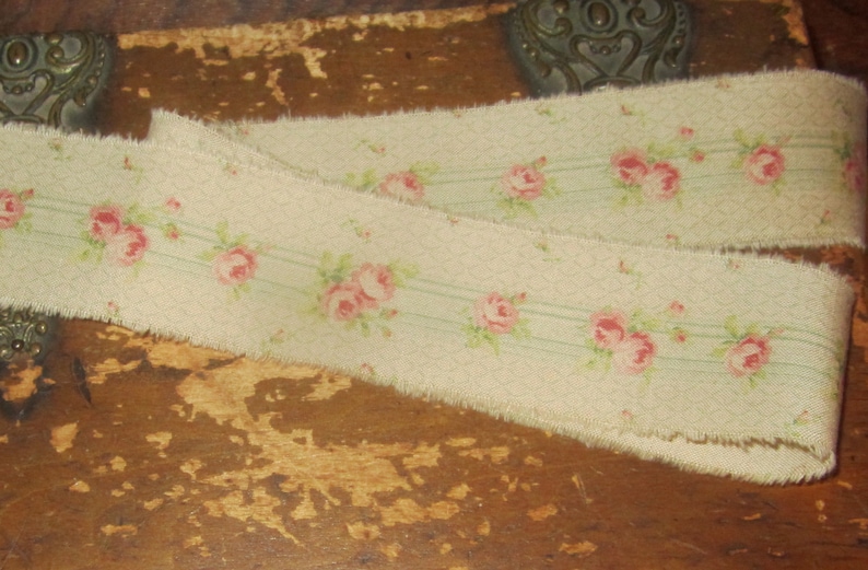 Tattered Fabric Ribbon Shabby Pink Rosebud Jadite Ticking - Etsy