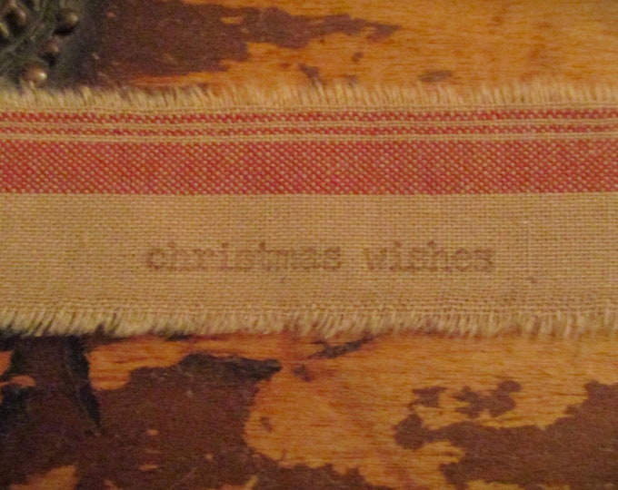 Hand Stamped Tattered Fabric Ribbon Patch Embellishment Red Tan Ticking ...