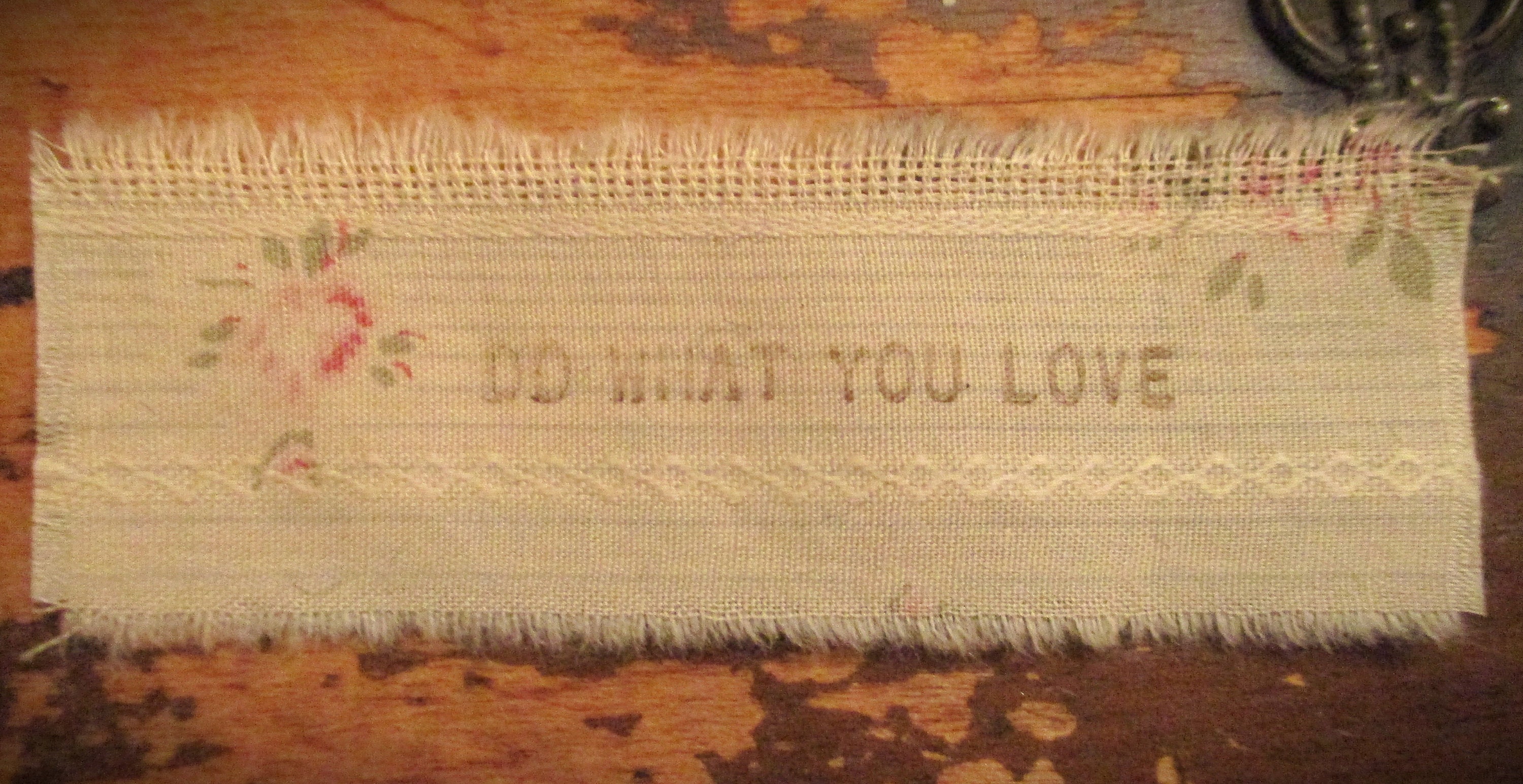 Hand Stamped Tattered Fabric Ribbon Patch Embellishment Shabby Rosebud ...