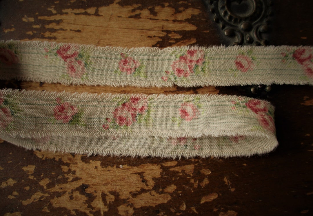 Tattered Fabric Ribbon Shabby Pink Rosebud Jadite Ticking Stripe Petite ...