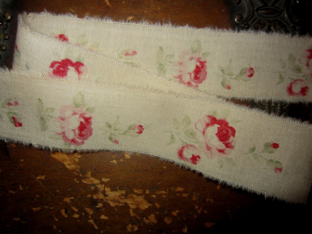 Red and Pink Rose Ticking Tattered Ribbon Lightly Tea Stained - Etsy