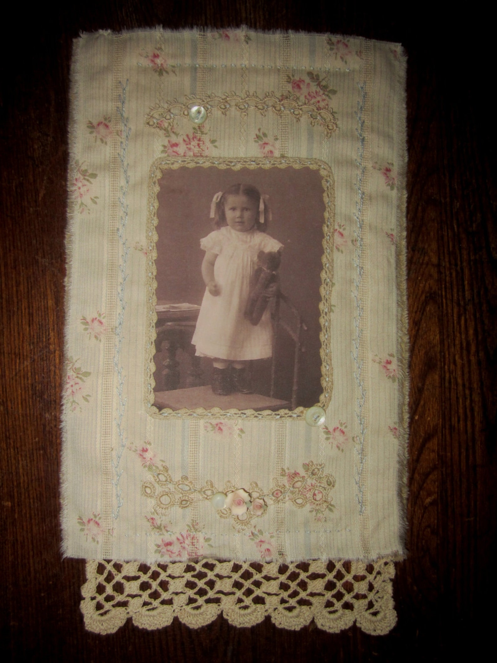 Vintage Lace Tattered Roses Mini Quilt Collage Girl With Her Teddy Bear ...