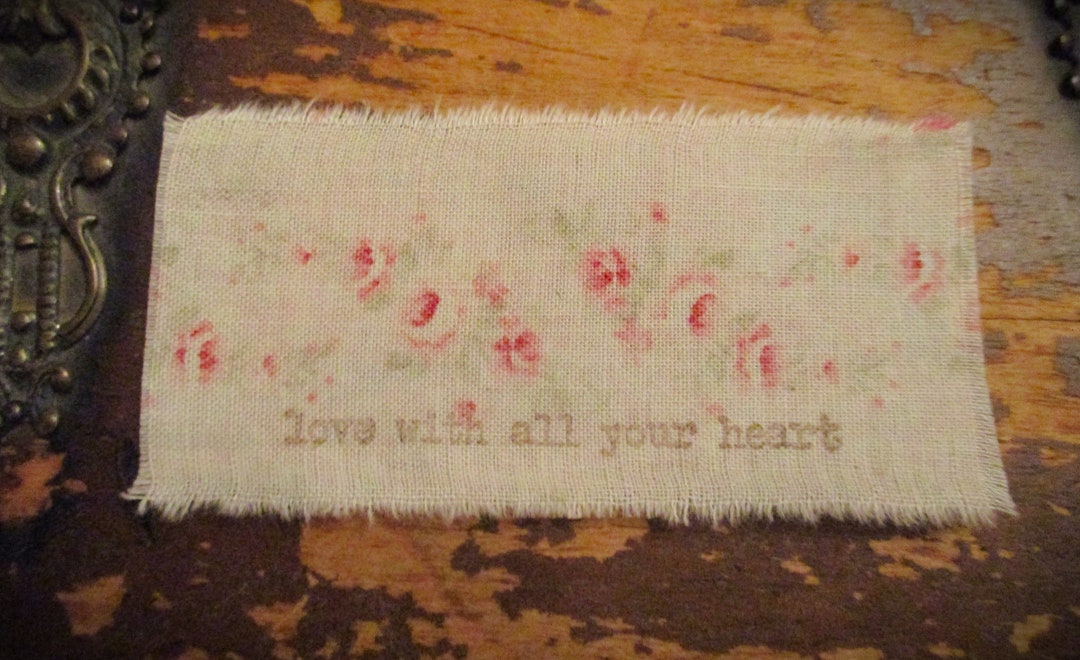 Hand Stamped Small Tattered Fabric Ribbon Patch Shabby Pink Roses Junk ...