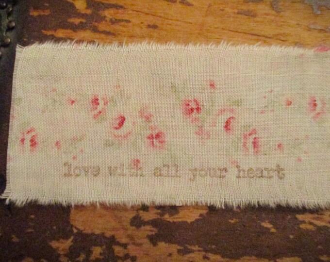 Hand Stamped Small Tattered Fabric Ribbon Patch Shabby Pink Roses Junk ...