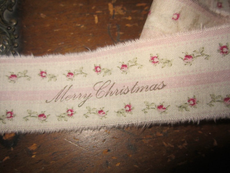 Hand Stamped Tea Dyed Pink Rosebud Ticking Ribbon Merry - Etsy