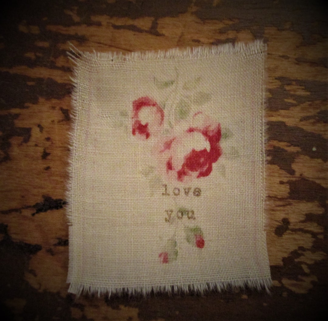 Hand Stamped Tattered Fabric Ribbon Petite Patch Embellishment Rose ...