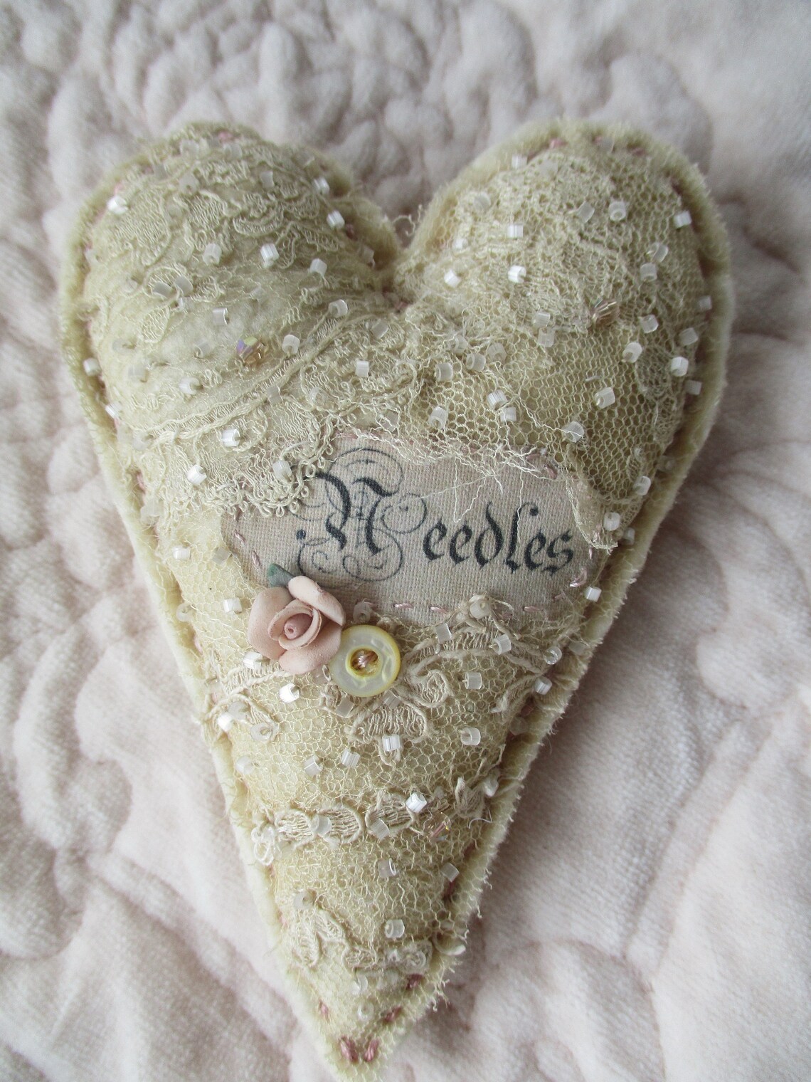 Petite Tattered Vintage Lace Collage Keepsake Pincushion Needles Hand ...