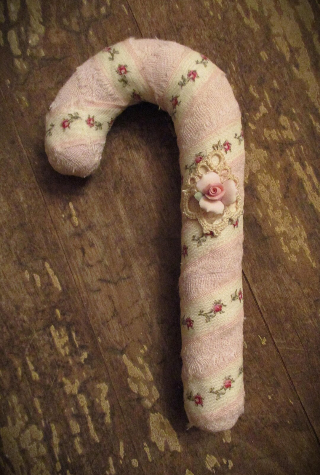 Rosebud Ticking Vintage Lace Pink Tattered Shabby Candy Cane Christmas ...