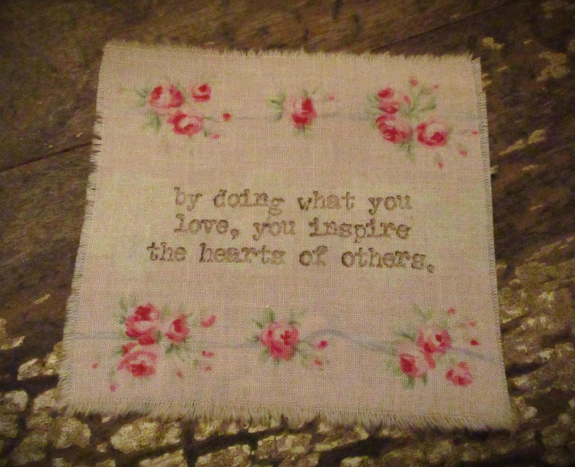 Hand Stamped Tattered Fabric Ribbon Patch Embellishment Rose Ticking ...