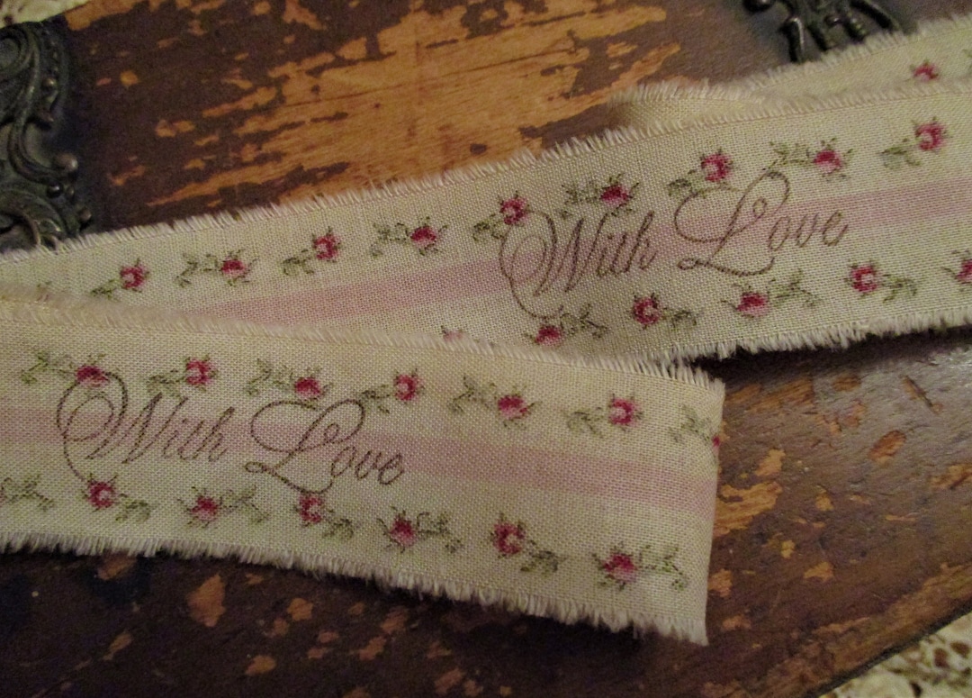 Hand Stamped Sweet Rose Ticking Tea Dyed Ribbon With Love Junk Journal ...