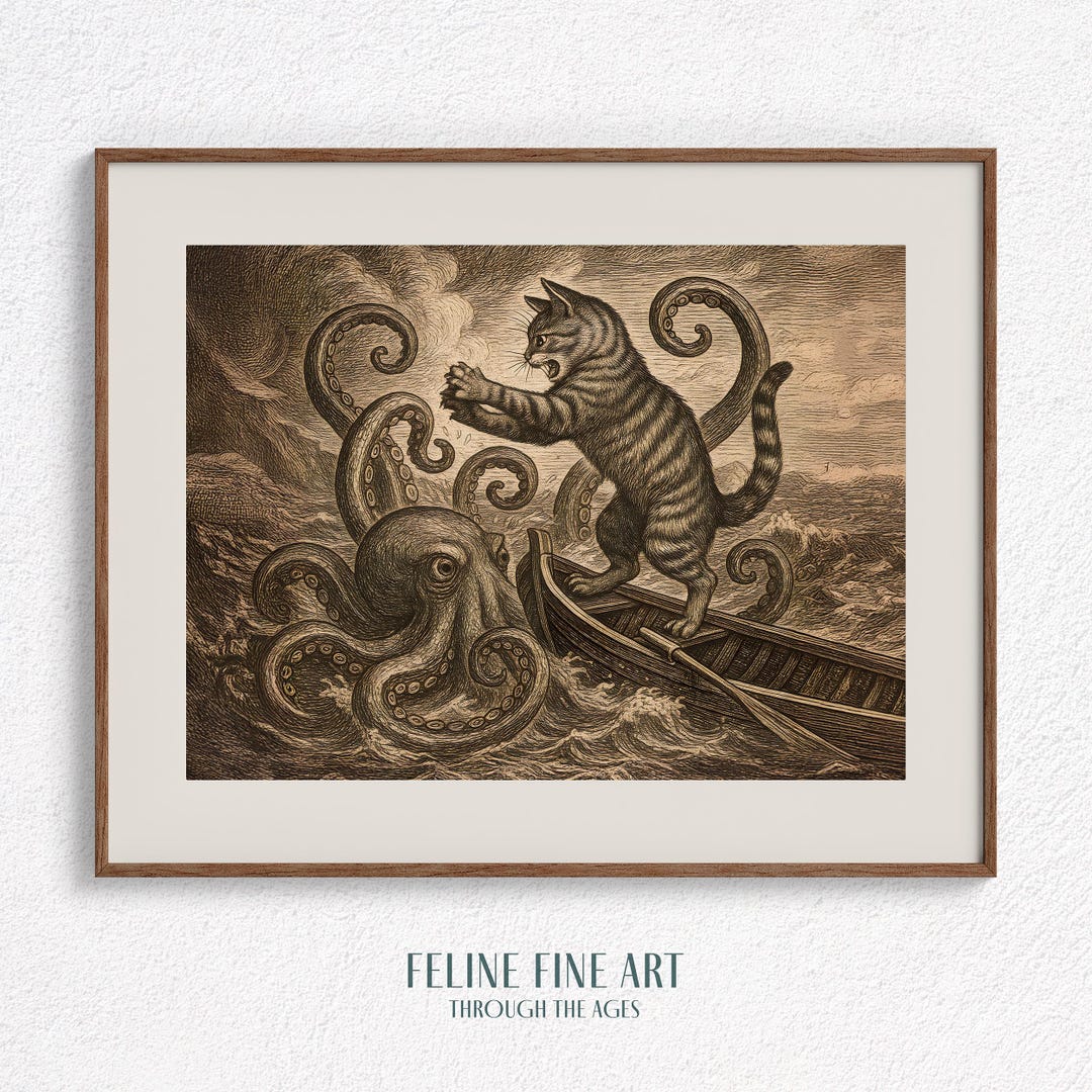 Epic Cat Vs. Kraken Artwork – Fine Line Renaissance-inspired Printable ...