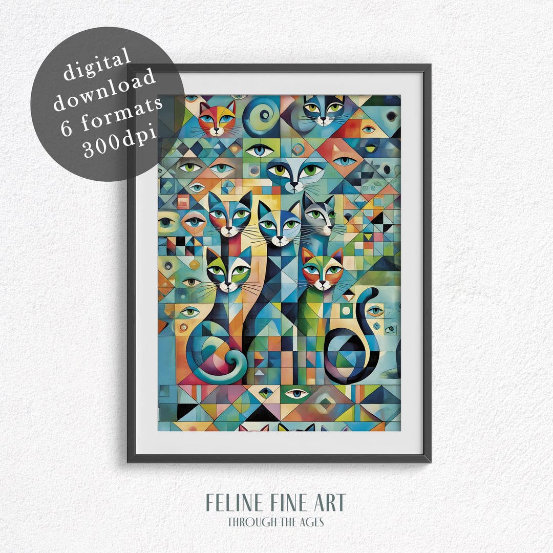Abstract Expressionist Cat Printable Wall Art – Rainbow Geometric ...