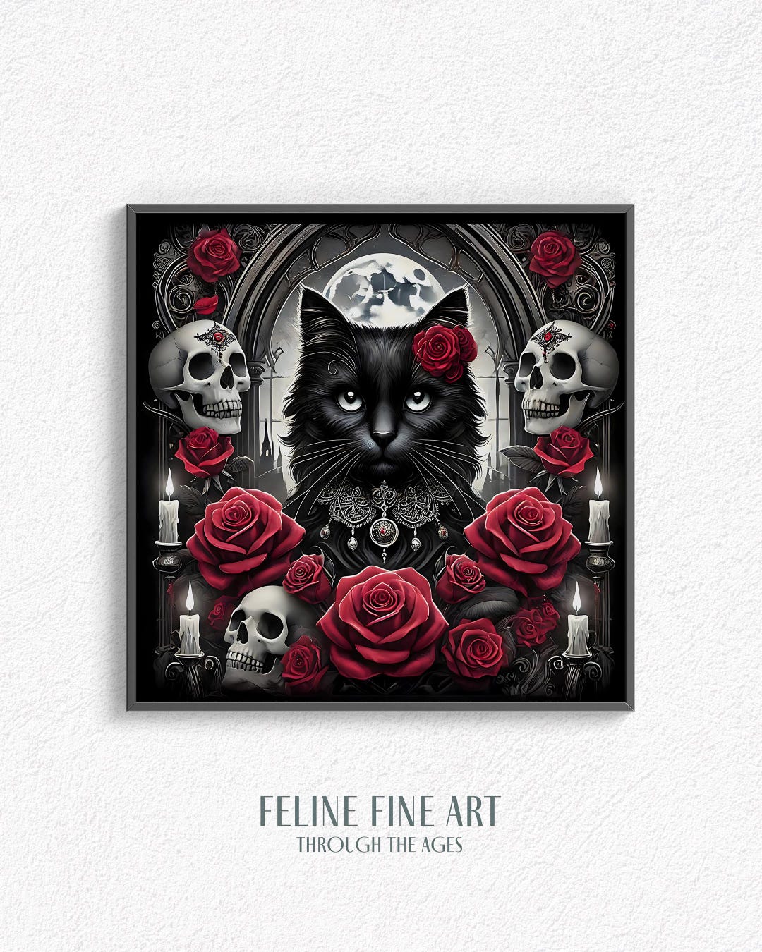 Gothic Cat Wall Art – Skull and Roses Cat Printable – Gothic Halloween ...