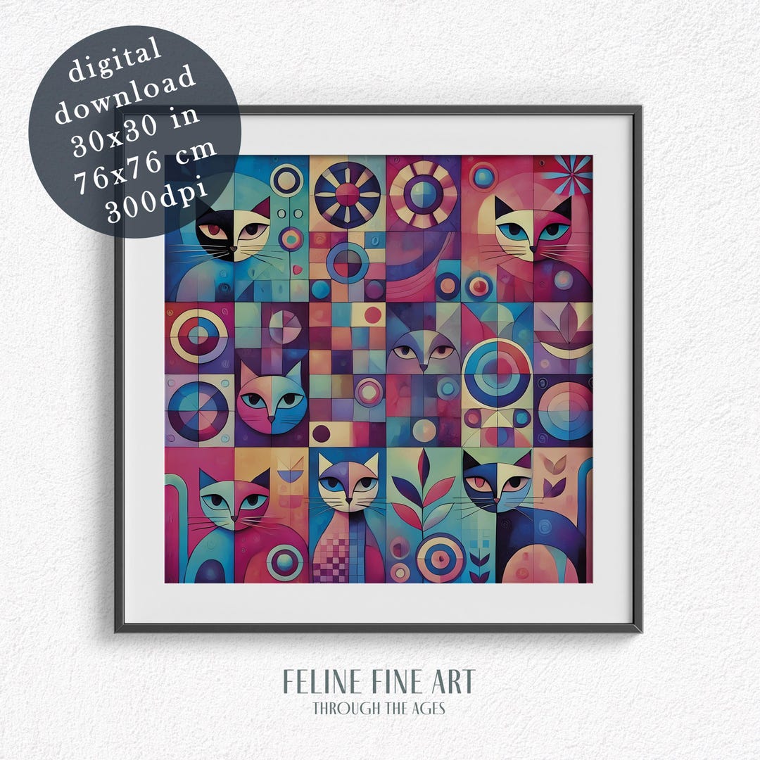 Abstract Expressionist Cat Printable Wall Art – Vivid Blue & Pink ...