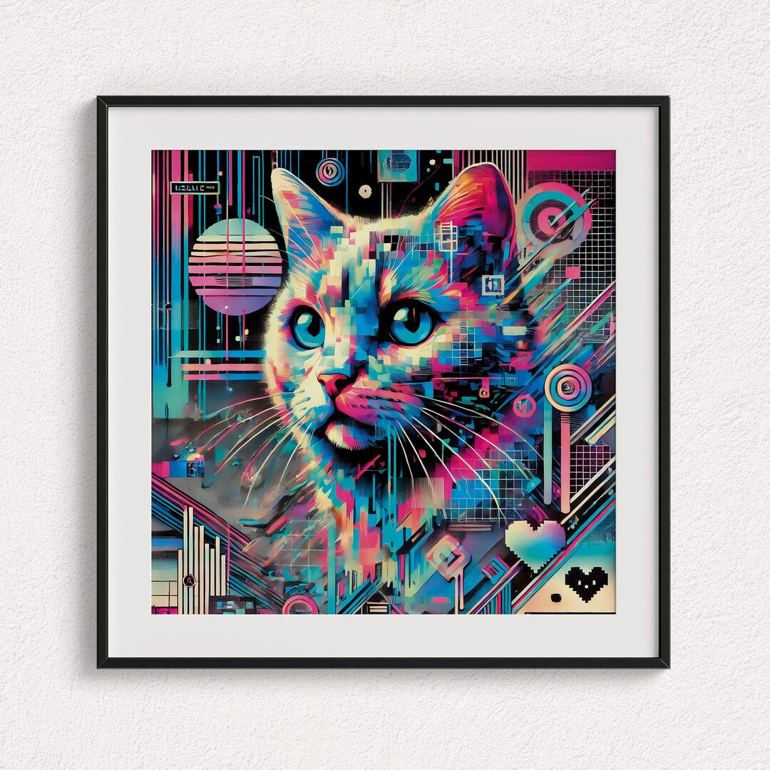 Pixelwave Cat Glitch-artprintable Poster – Digital Cyber Feline Print ...