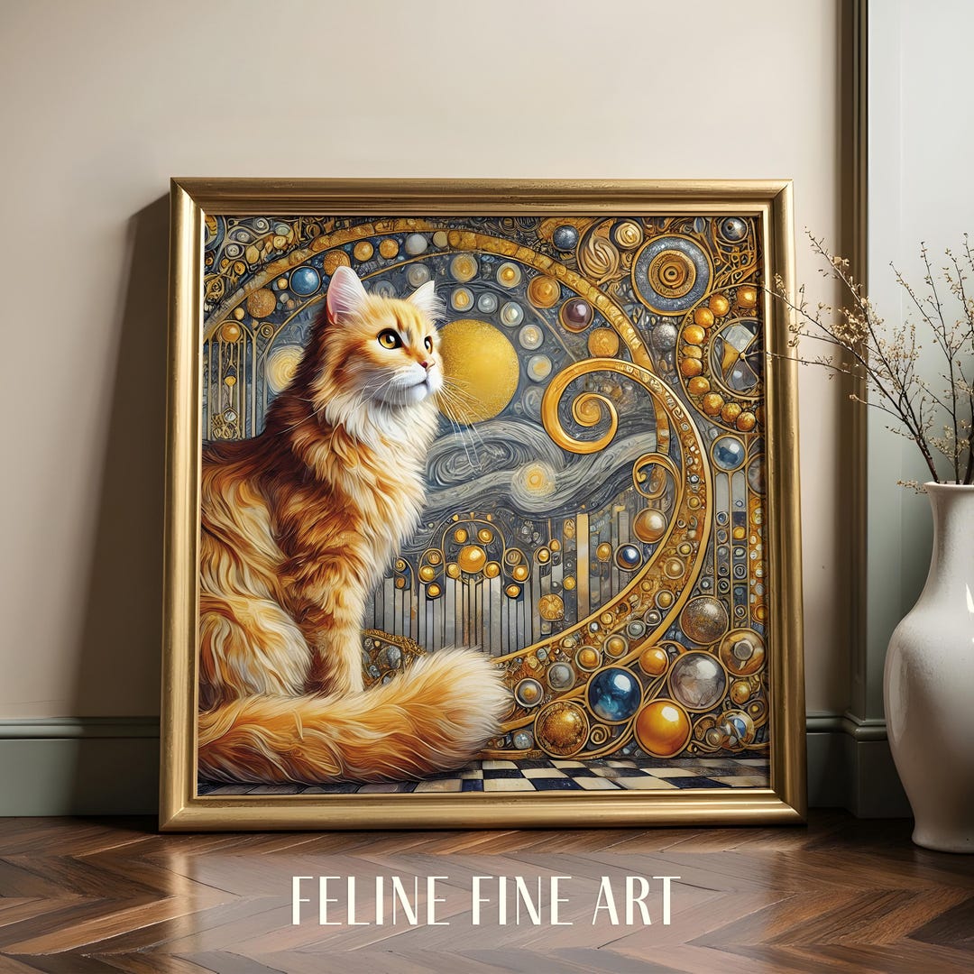 Art Nouveau Ginger Cat Art | Golden Jugendstil Wall Print | Square ...