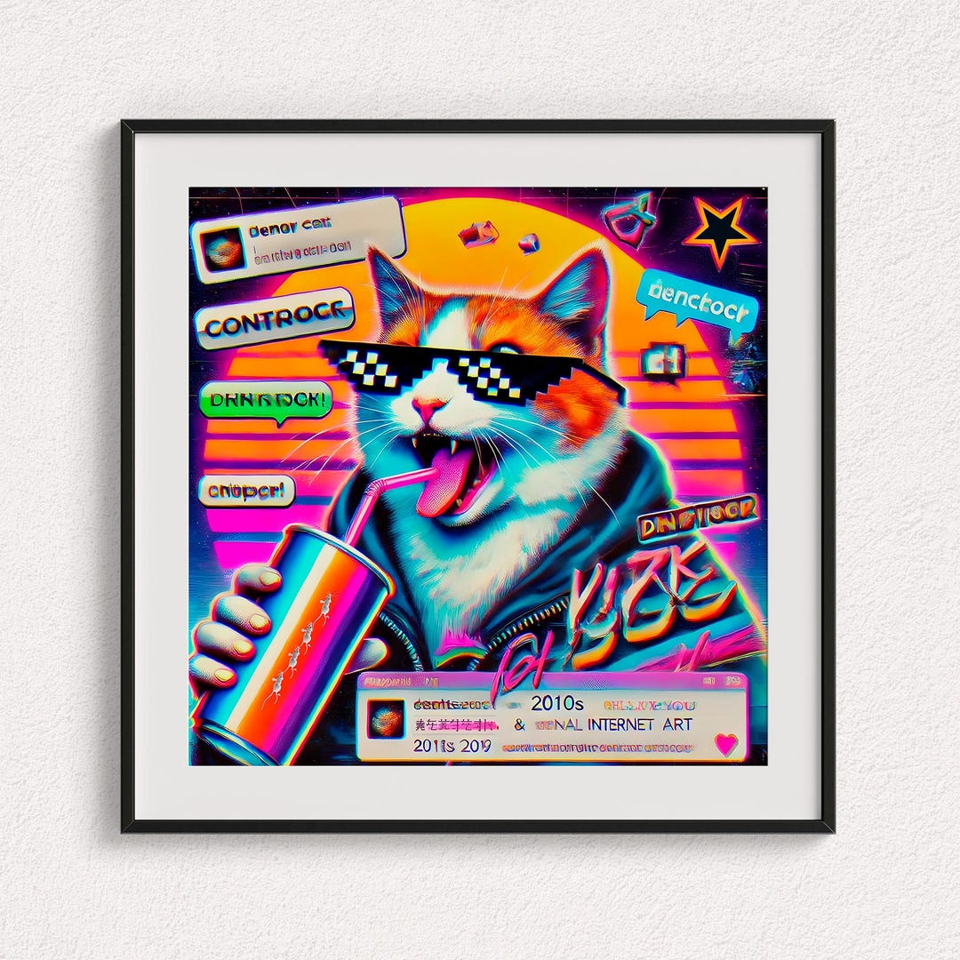 Funky Cat Meme Art Printable Poster – Vibrant AI Artwork, Humorous ...
