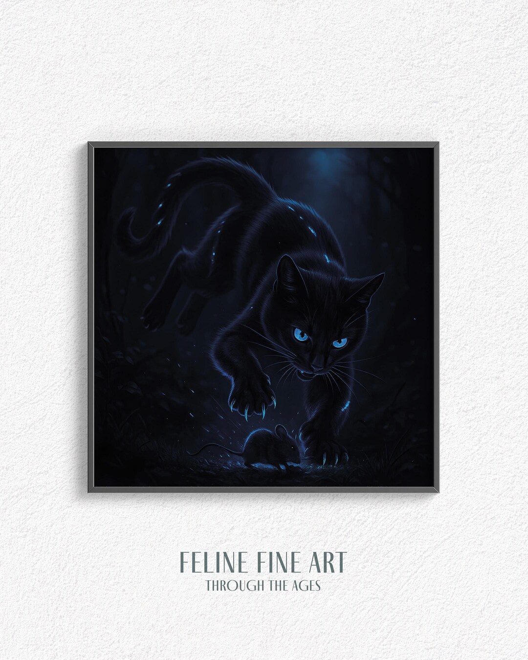 Dark Fantasy Cat Print | Glowing Blue Eyes Mystic Feline | Celestial ...