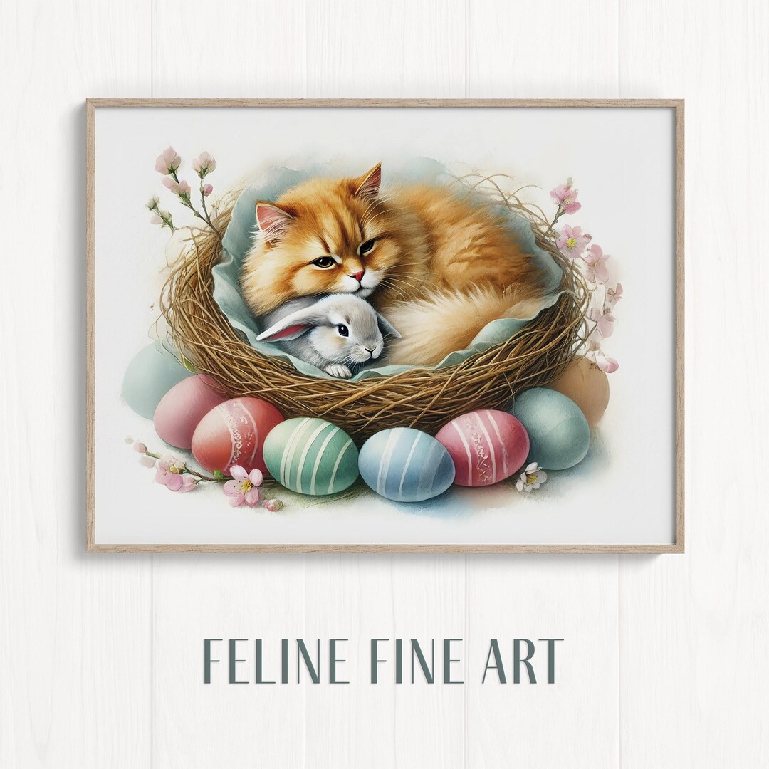 Ginger Tabby Easter Cat & Bunny Art | Orange Tabby With Painted Eggs ...