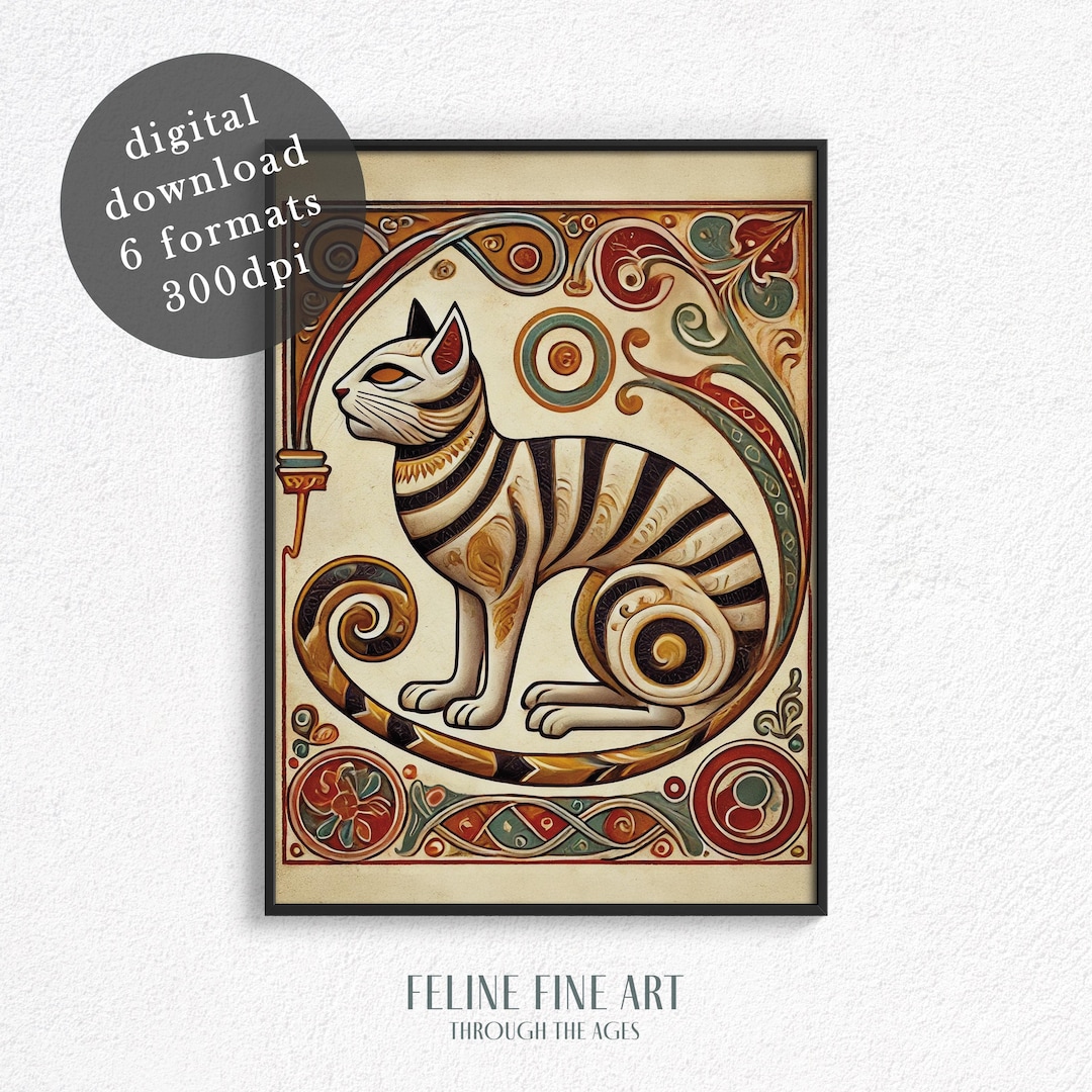 Romanesque Medieval Printable Cat Art – Striped Tabby in Ornamental ...