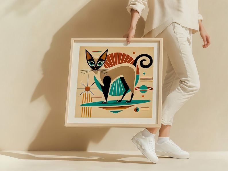 Siamese Atomic Cat Printable – Mid Century Modern Wall Art – Square ...