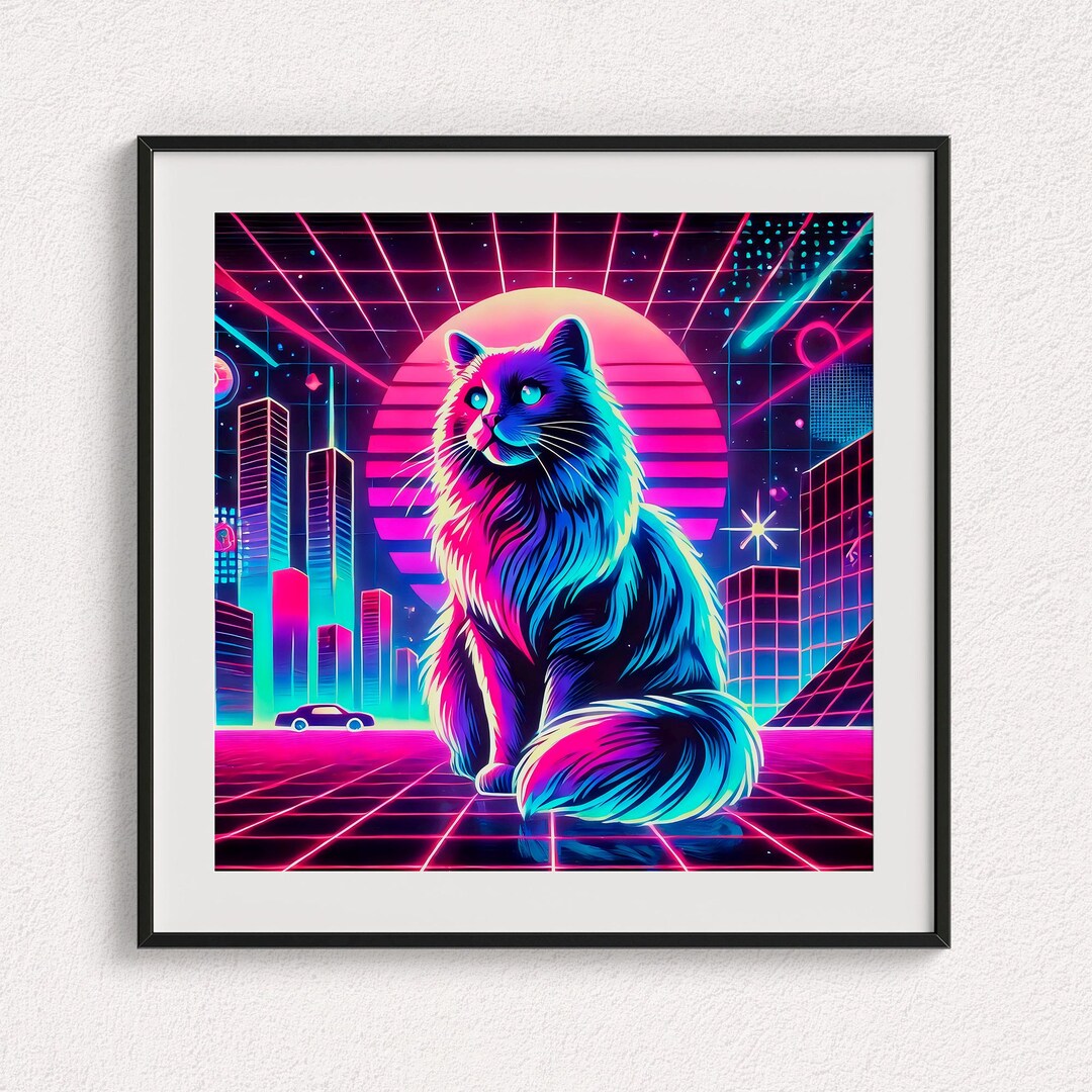 Neon Cyber Cat Printable Wall Art - Retro Synthwave Feline Digital ...
