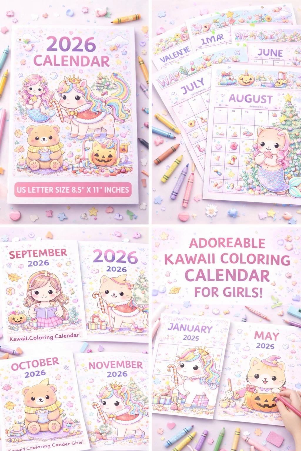2026 Cute Coloring Calendar for Girls Printable | Unicorn Princess ...