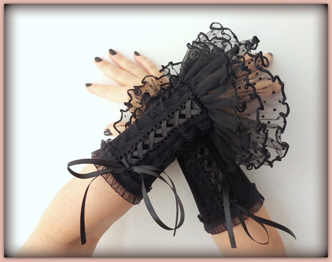 Vintage Corset Cuff Black Velvet Sleeves Tulle Costume Sleeves Wedding ...