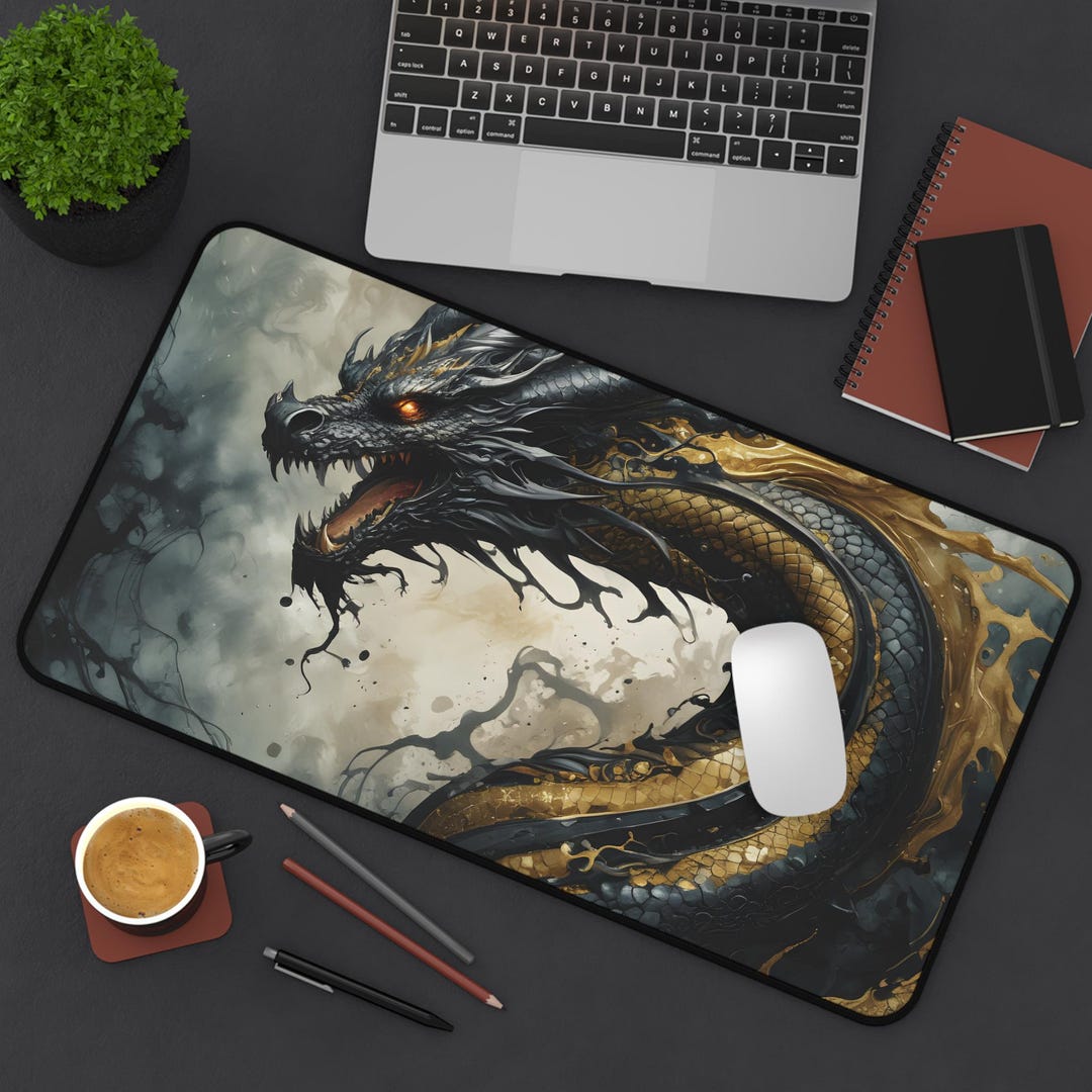 Desk Mat, Black and Gold Dragon, Gaming Mouse Pad, Office Desk ...