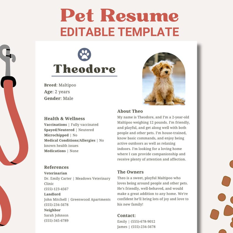 Editable Pet Resume Template, Customizable Canva Dog and Cat CV for ...