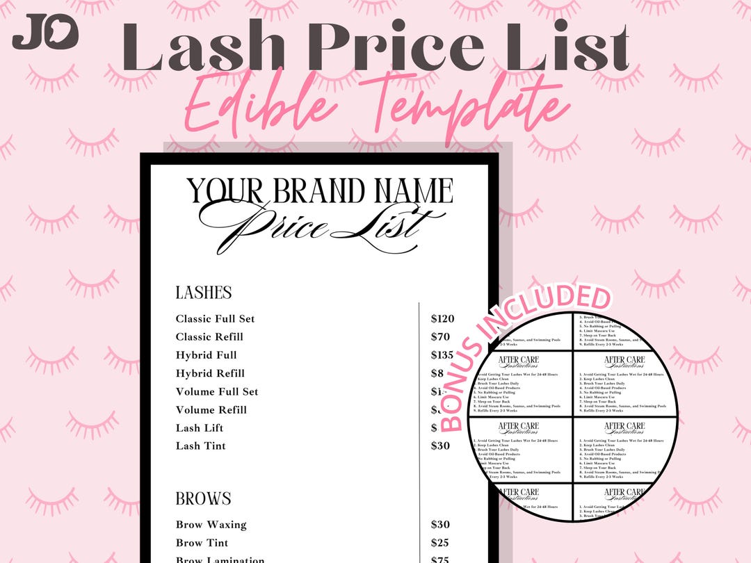 Editable Lash & Brow Price List Template, Digital Download ...