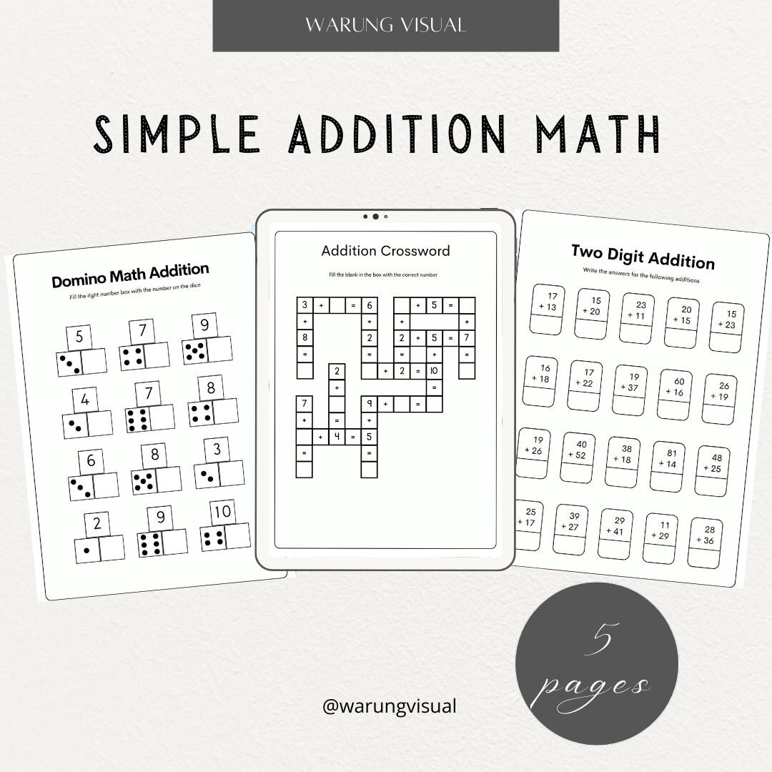 Math Simple Addition Worksheet Black and White - Etsy