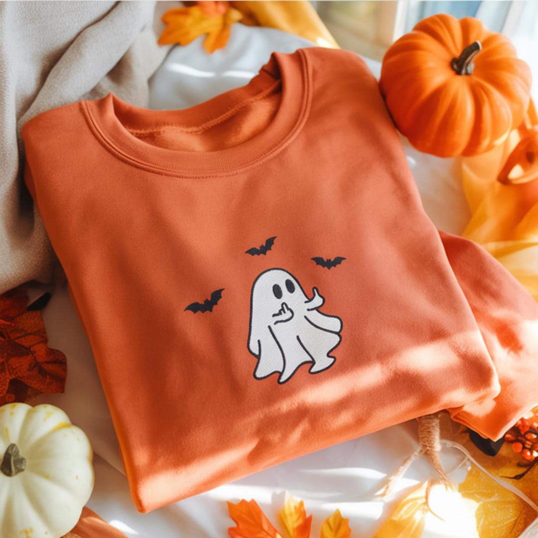Embroidery Ghost Middle Finger Halloween Sweatshirt, Trendy Halloween ...