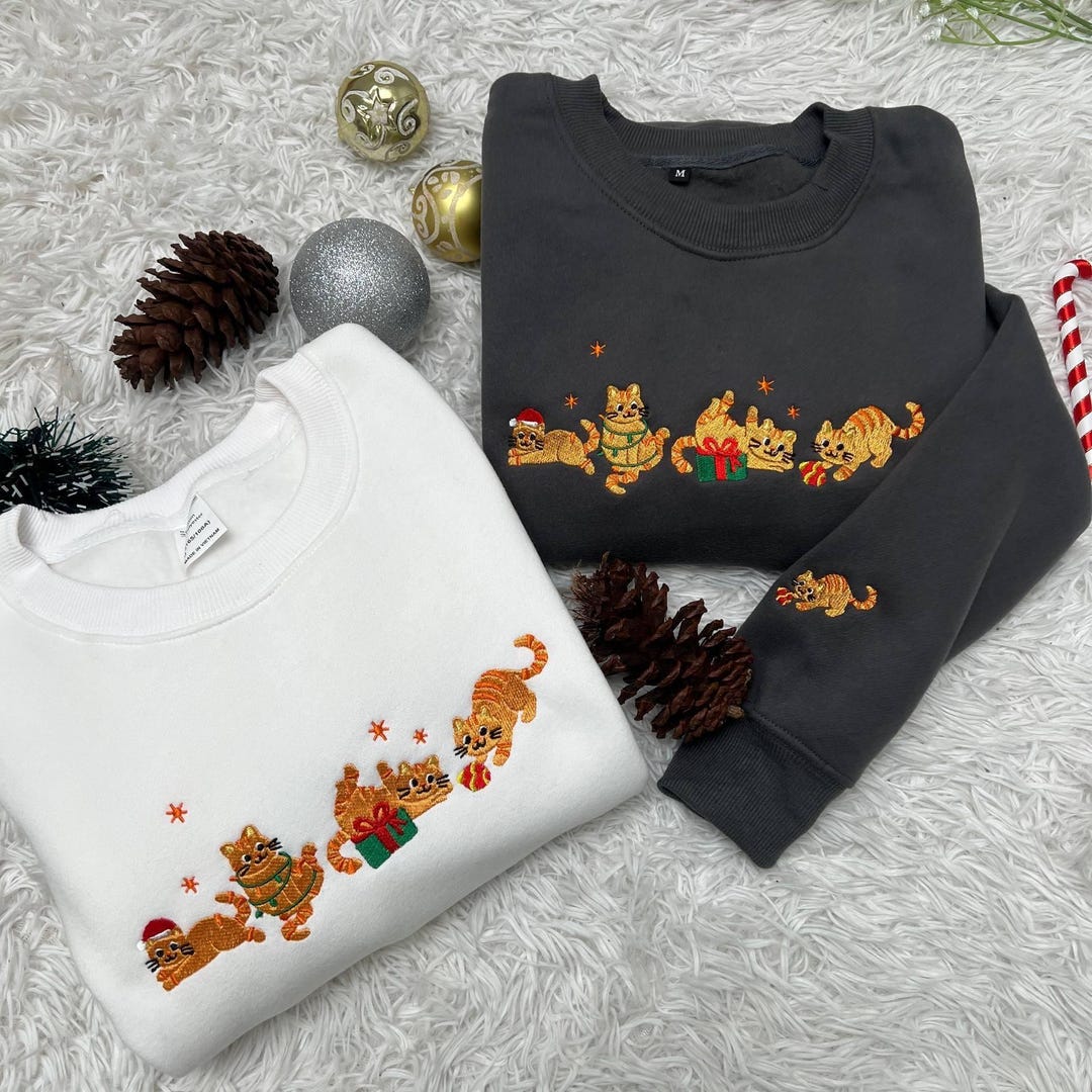 Orange Cat Embroidered Christmas Sweatshirt | Funny Holiday Crewneck ...