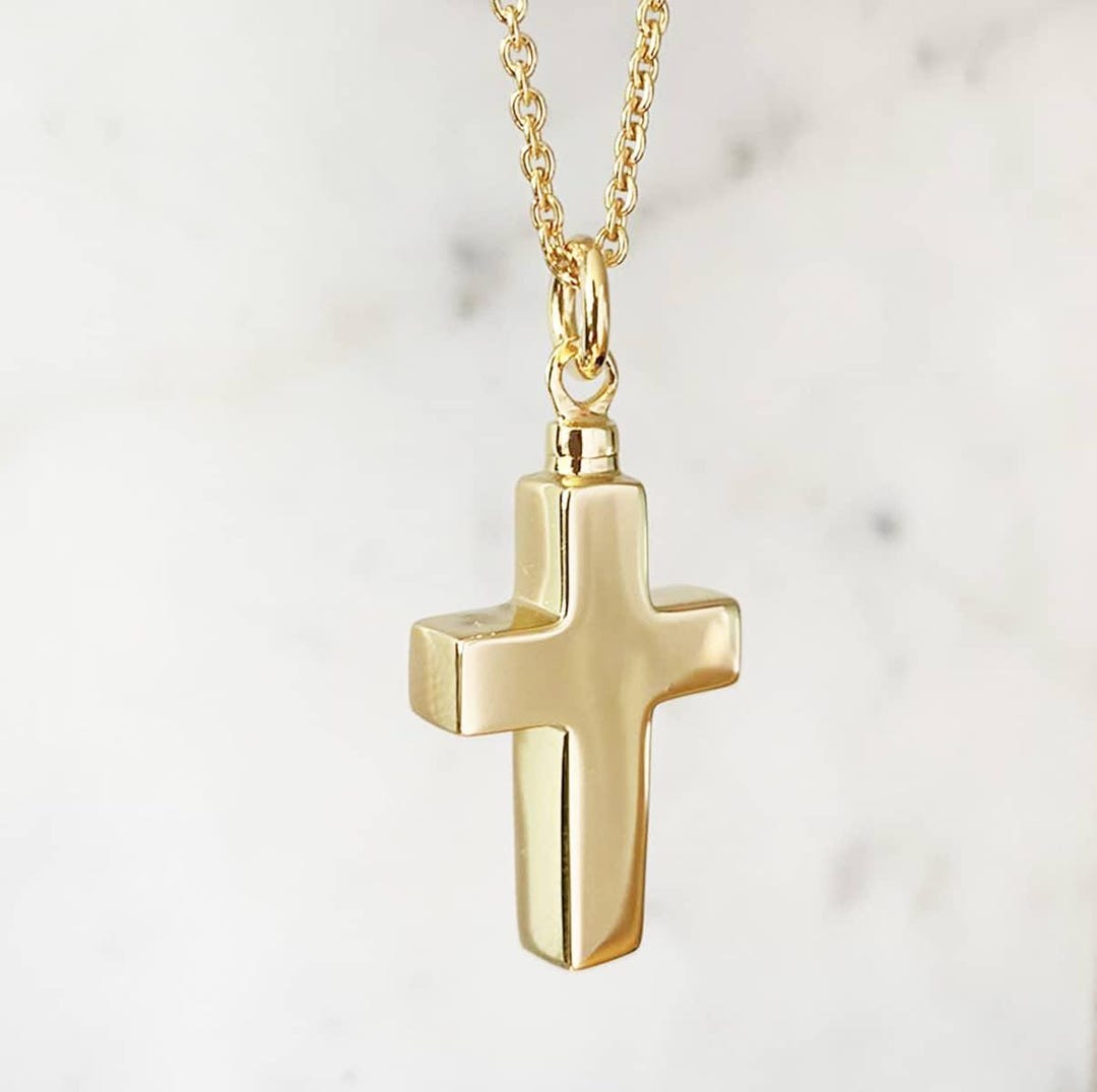 9k Solid Gold Cross Necklace for Ashes, Solid Gold Ashes Necklace ...
