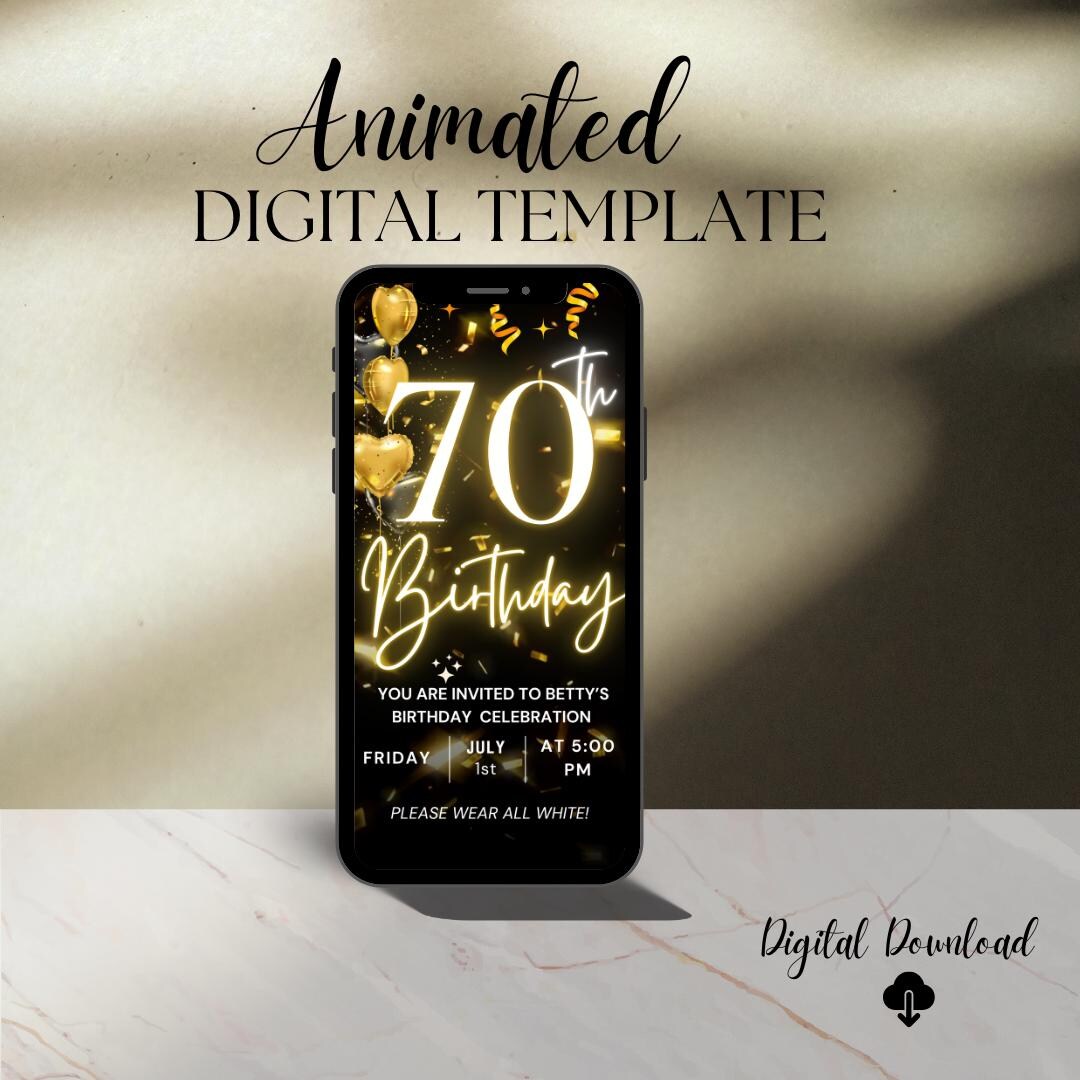 70th Birthday Invitation | Digital Animated Birthday Invite | Black ...