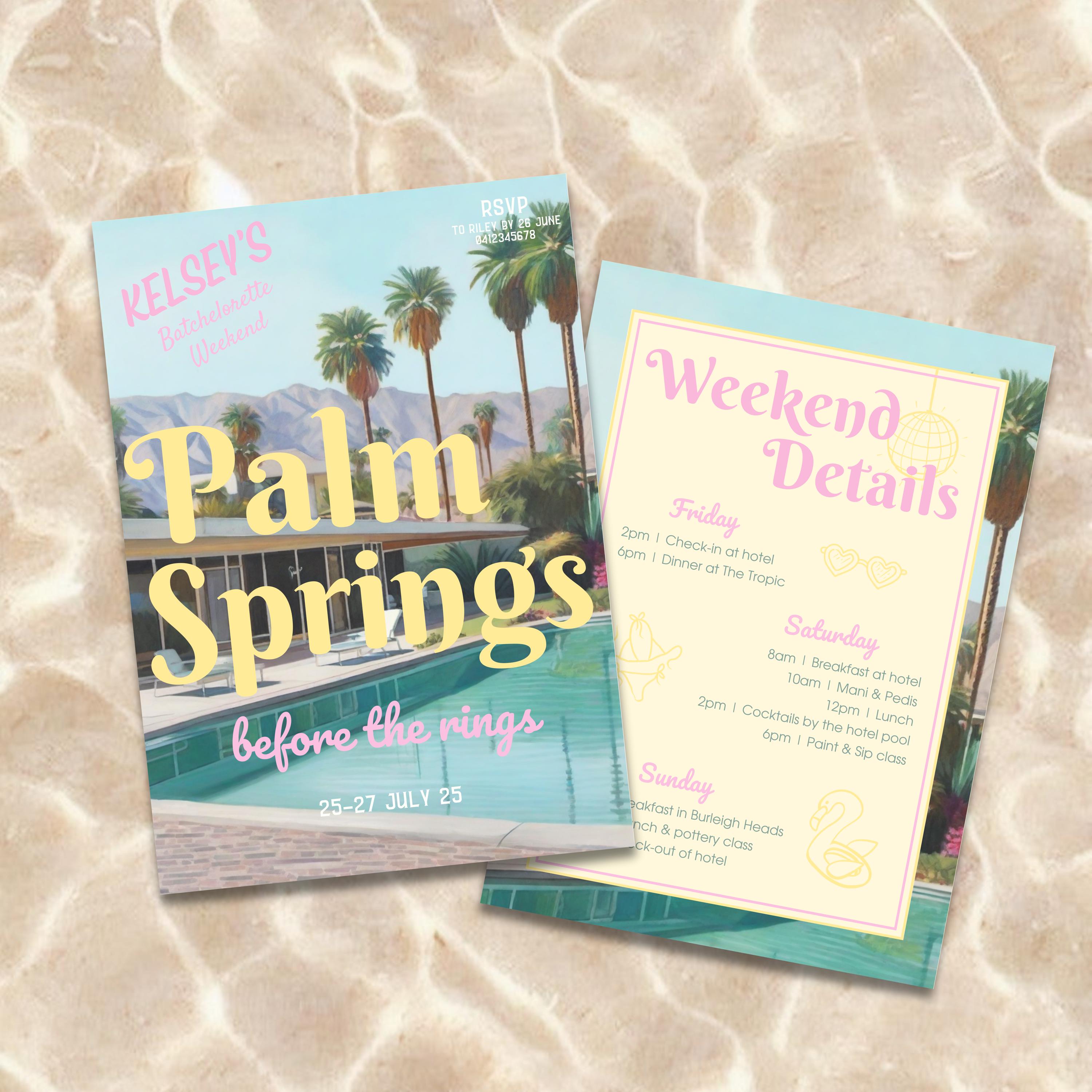 Pink and Yellow Palm Springs Batchelorette Party Invitation, Retro ...