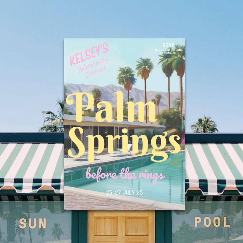 Pink and Yellow Palm Springs Batchelorette Party Invitation, Retro ...