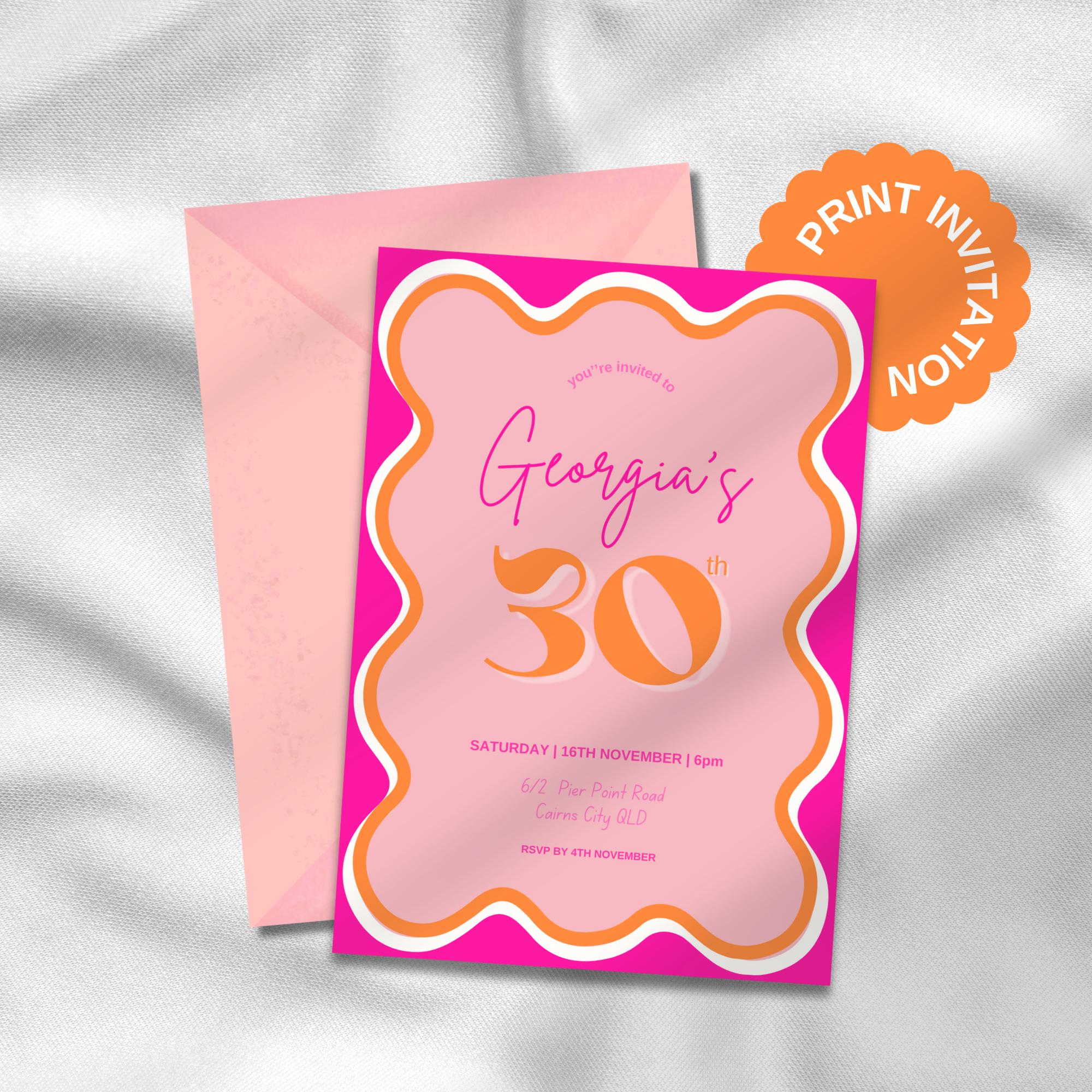 Pink and Orange Birthday Invitation, Retro Style, Wavy | Template ...