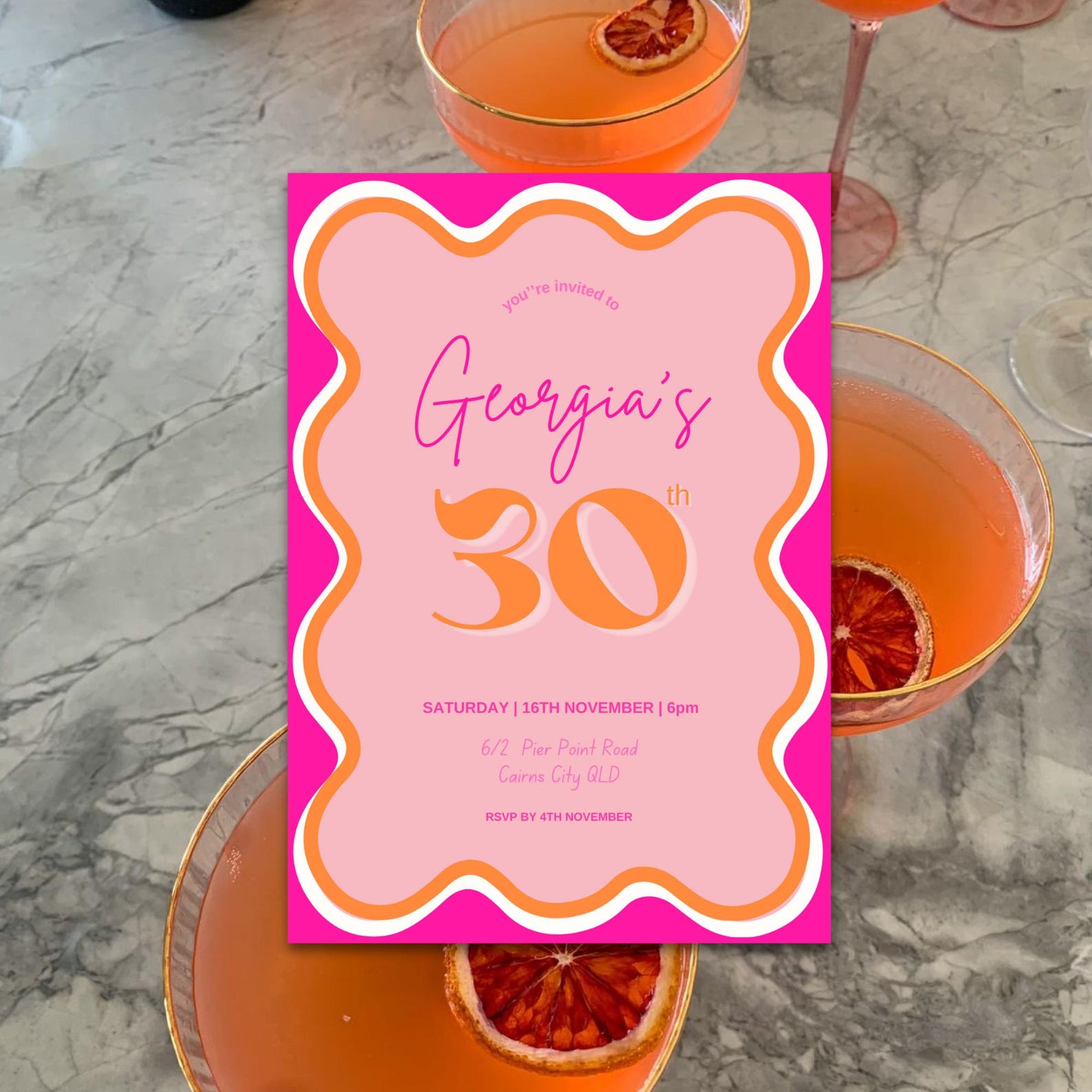 Pink and Orange Birthday Invitation, Retro Style, Wavy | Template ...