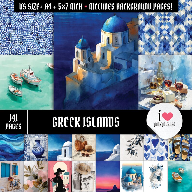 Greek Islands Junk Journal Kit | 141 Santorini Digital Pages | Blue ...