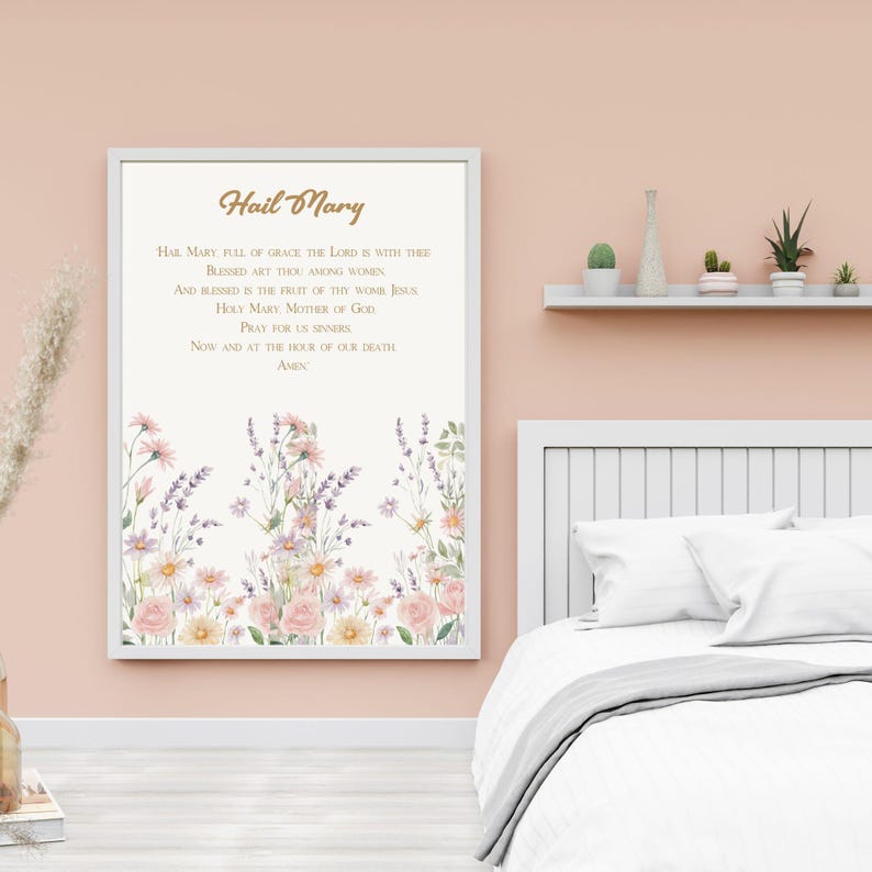 Hail Mary Floral Catholic Art Print: Religious Home Decor (digital ...