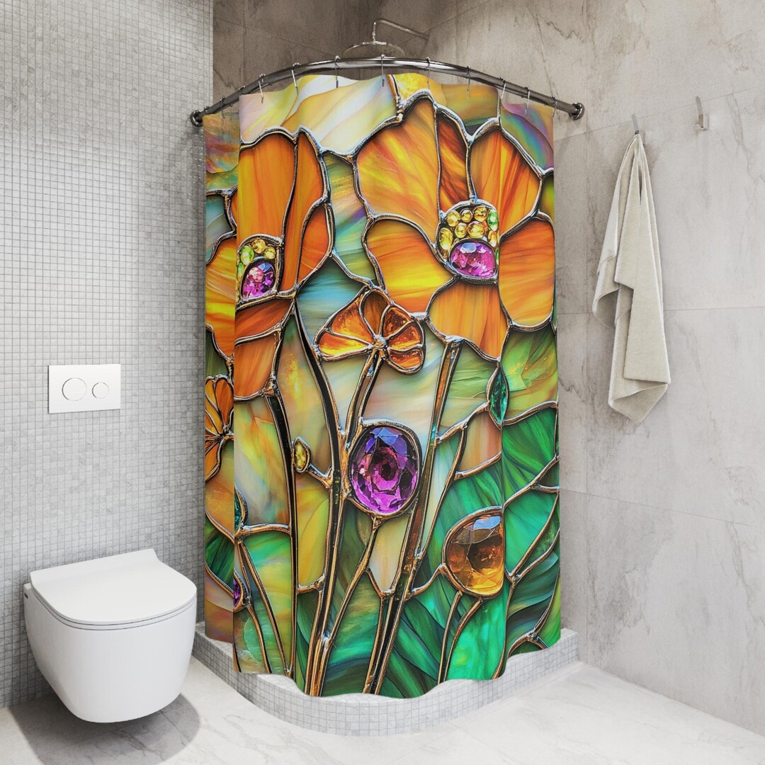 Stained Glass Poppy Shower Curtain Vibrant Floral Bathroom Decor ...
