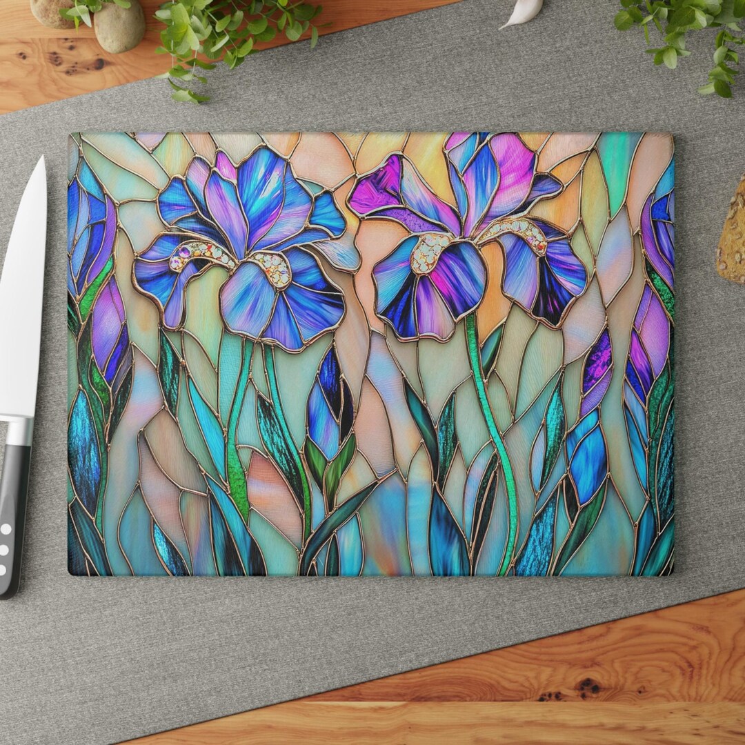 Stained Glass Iris Cutting Board Elegant Floral Kitchen Decor Botanical ...