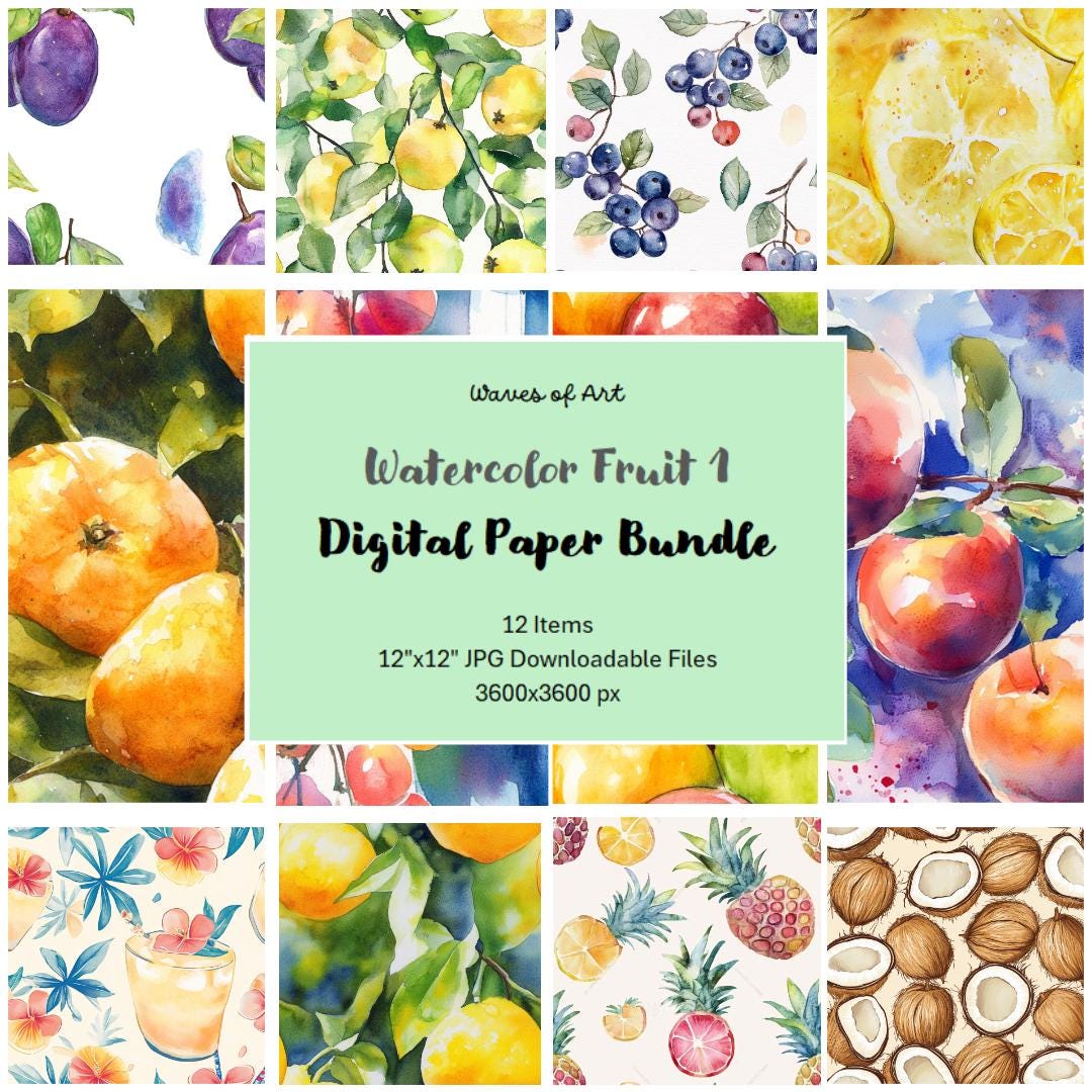 12-pack Digital Paper Pack, Watercolor Fruit Digital Paper, Fruits ...