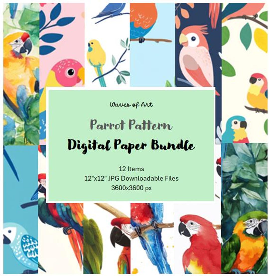 12-pack Digital Paper Pack, Parrot Digital Paper, Bird Digital Paper ...