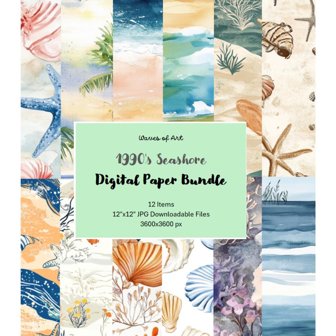 12-pack Digital Paper Pack, 1990's Seashore Digital Paper, Beach ...