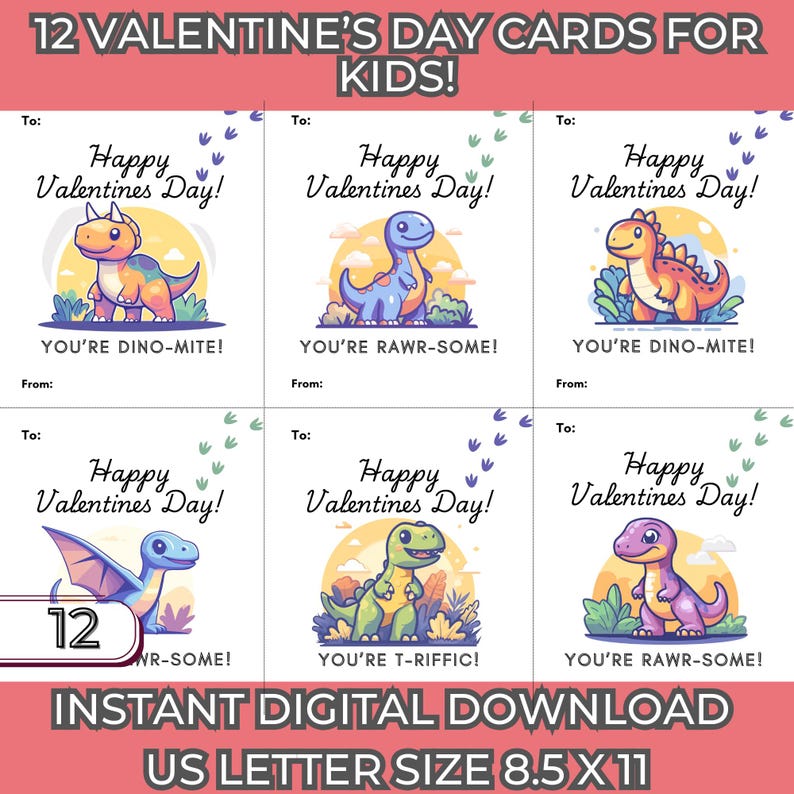 Printable Dinosaur Kids Valentines Day Cards Cute & Funny Instant ...